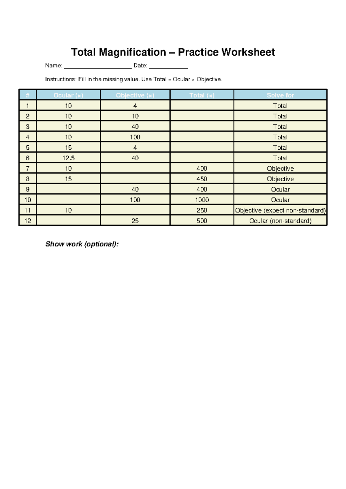 Total Magnification Practice Worksheet - Studocu