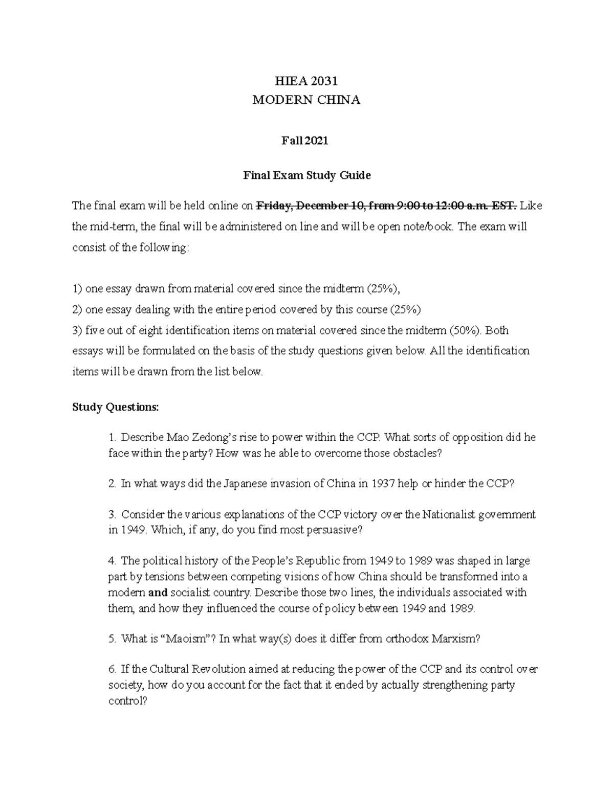 Final Exam Study Guide 2022 - HIEA 2031 MODERN CHINA Fall 2021 Final ...