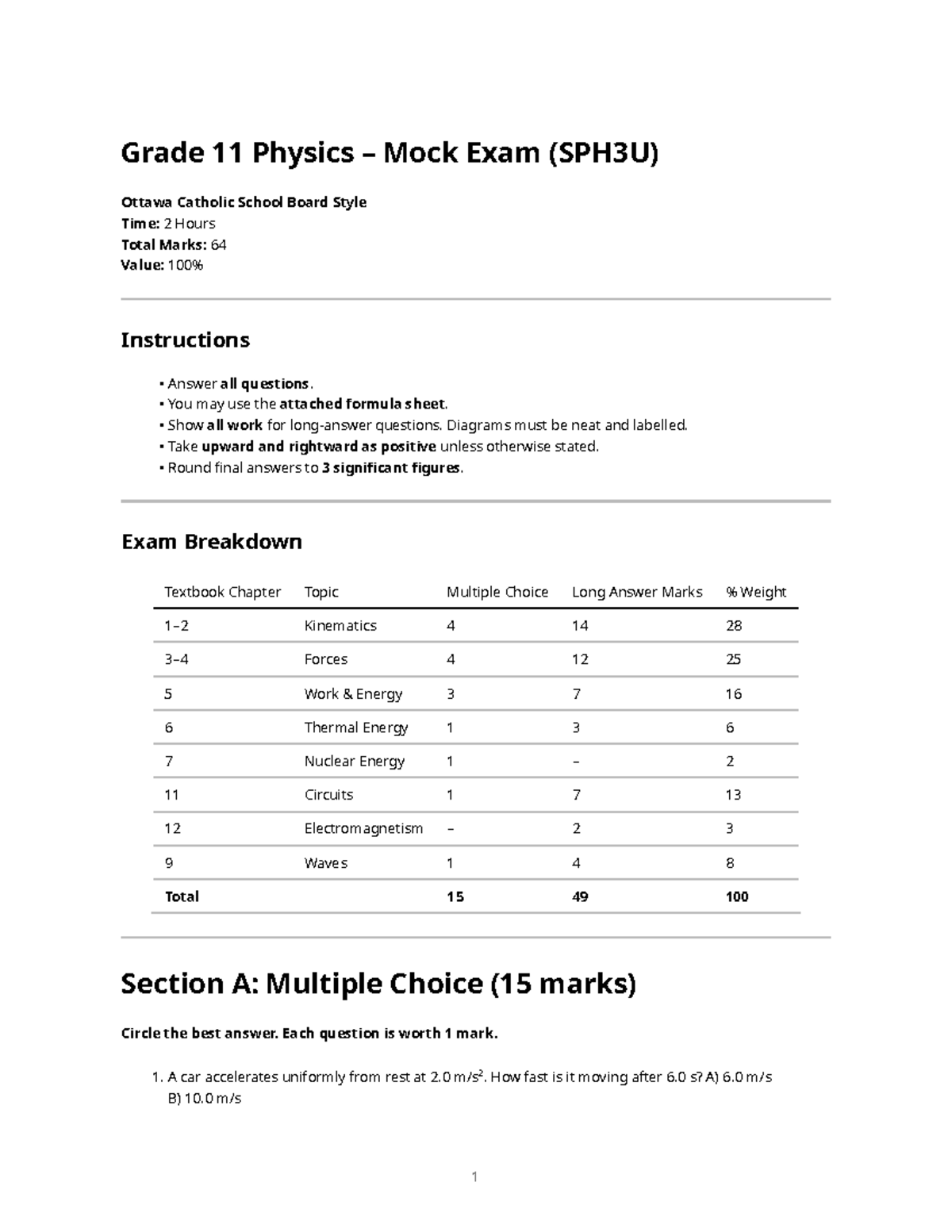 Grade 11 Physics Mock Exam (SPH3U) - Ottawa Catholic School Board - Studocu
