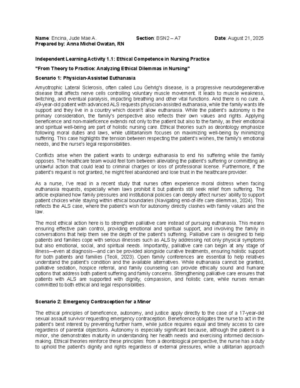 Ethical Competence in Nursing Practice: Case Studies (BSN2 A7) - Studocu