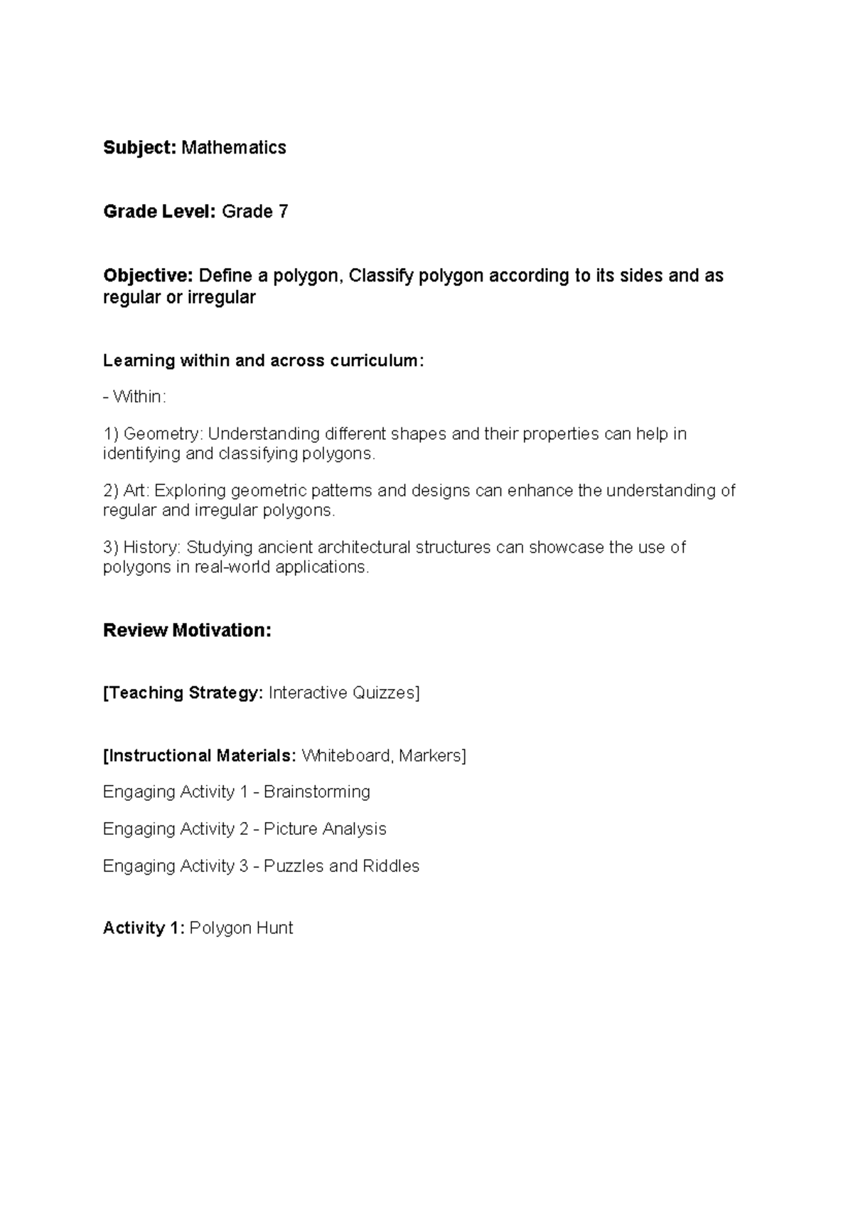 Mathematics Lesson Plan: Exploring Polygons in Grade 7 - Studocu