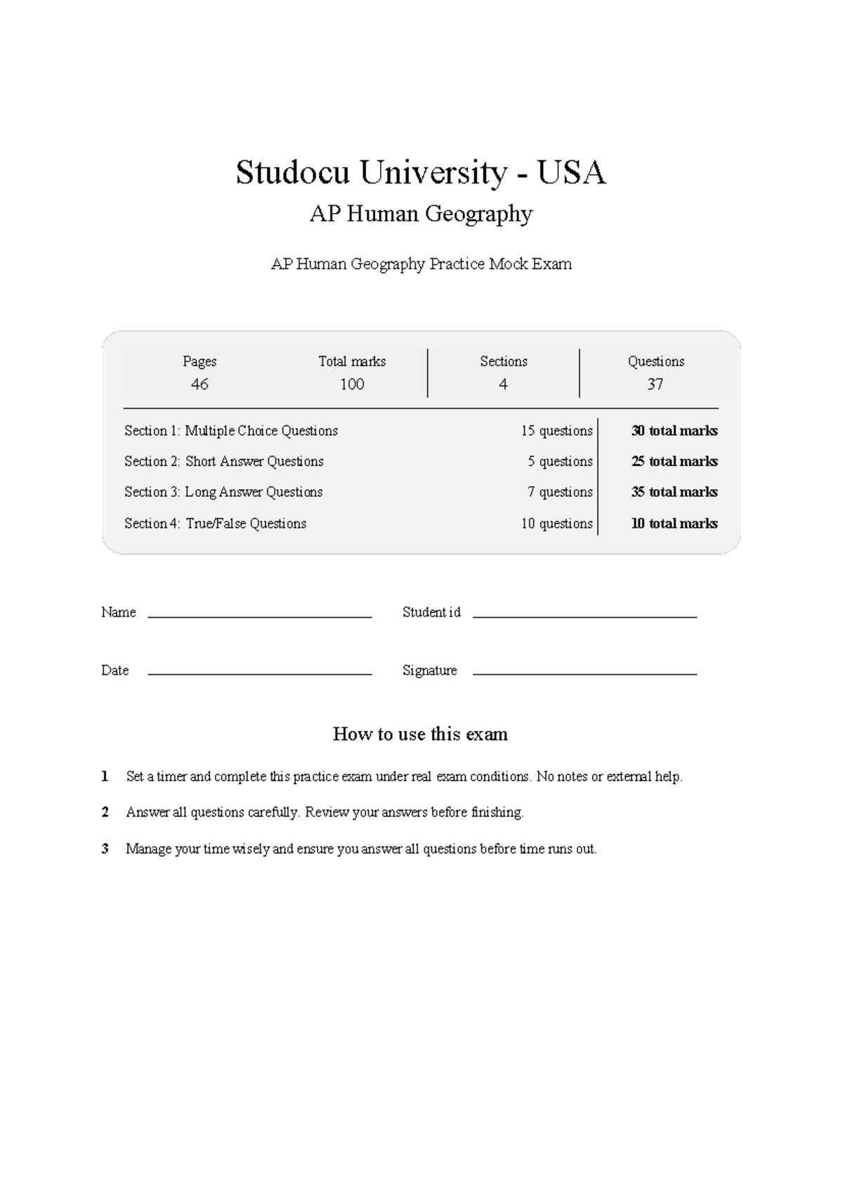 AP Human Geography Practice Mock Exam (Total Marks: 100) - Studocu