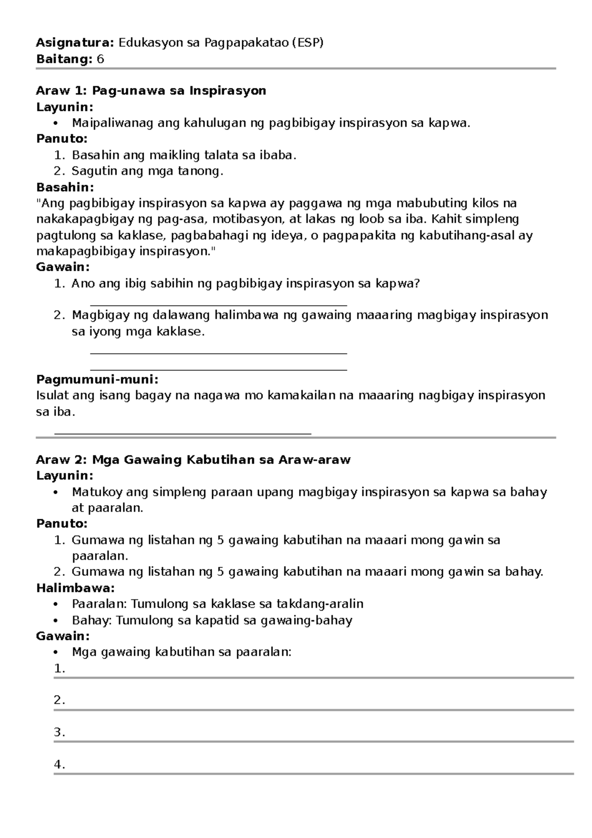 ESP-LAS: Mga Gawain sa Pagbibigay Inspirasyon sa Kapwa - Studocu