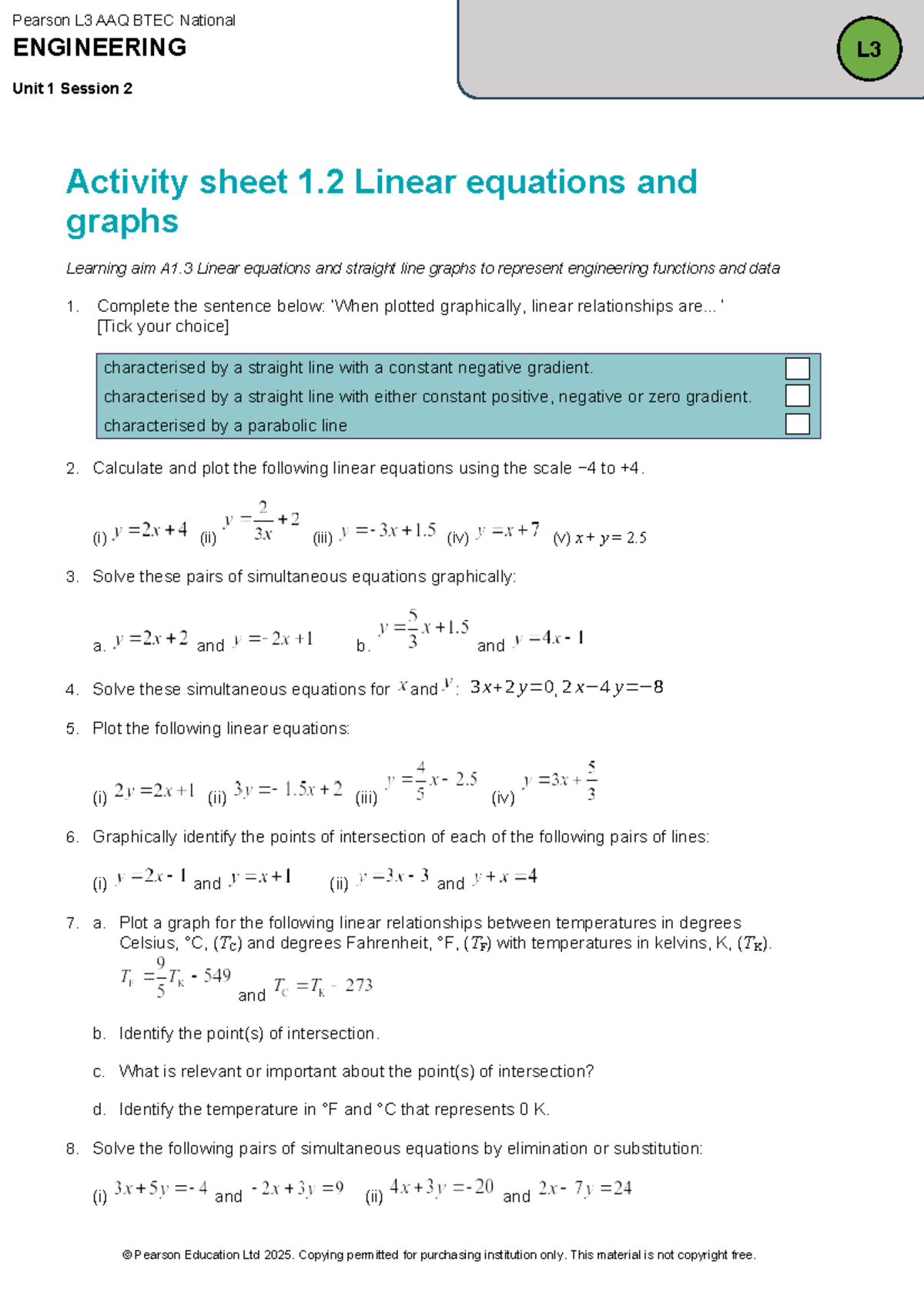 BTEC L3 Engineering Unit 1: Linear Equations & Graphs Questions - Studocu