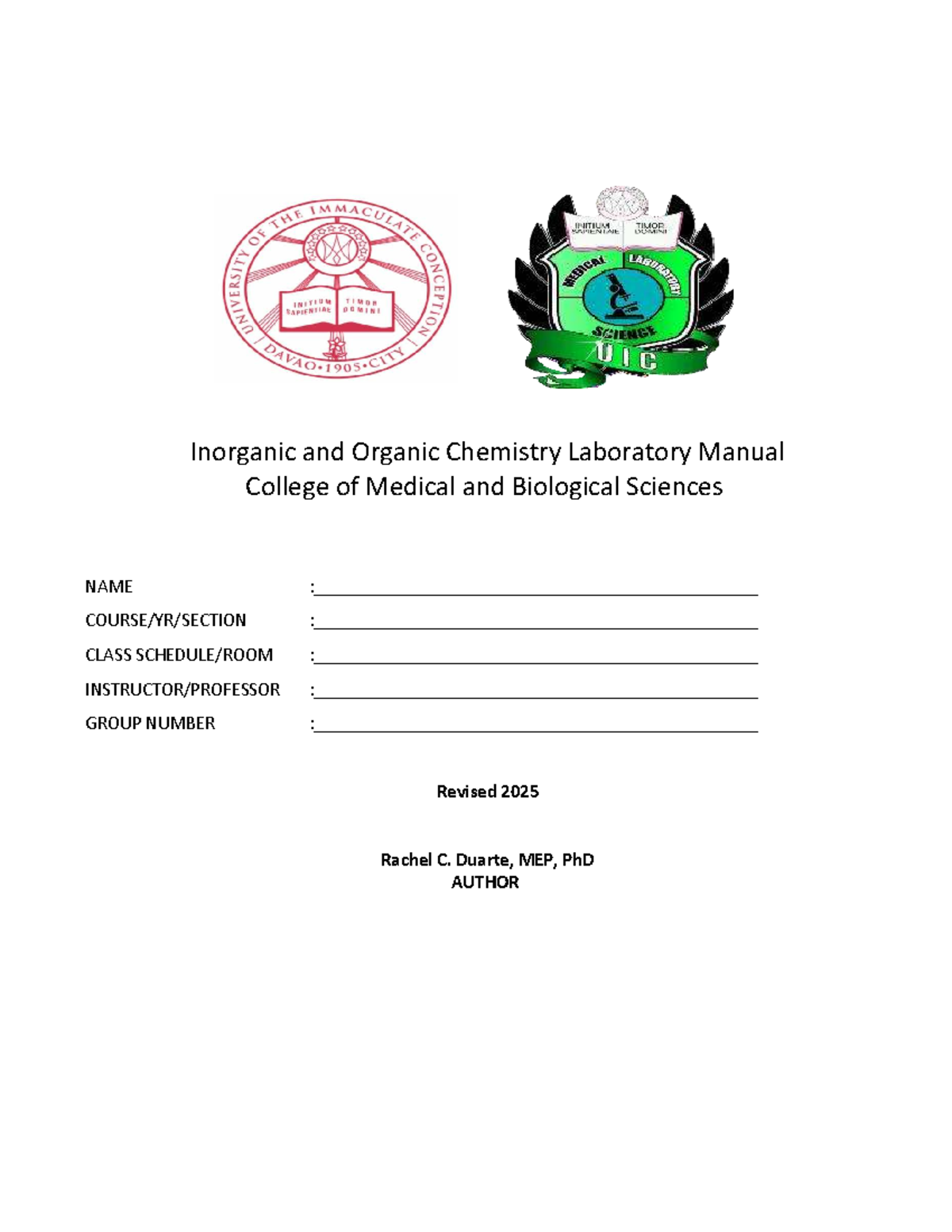 Inorganic and Organic Chemistry Lab Manual (UIC CMBS) - Revised 2025 ...