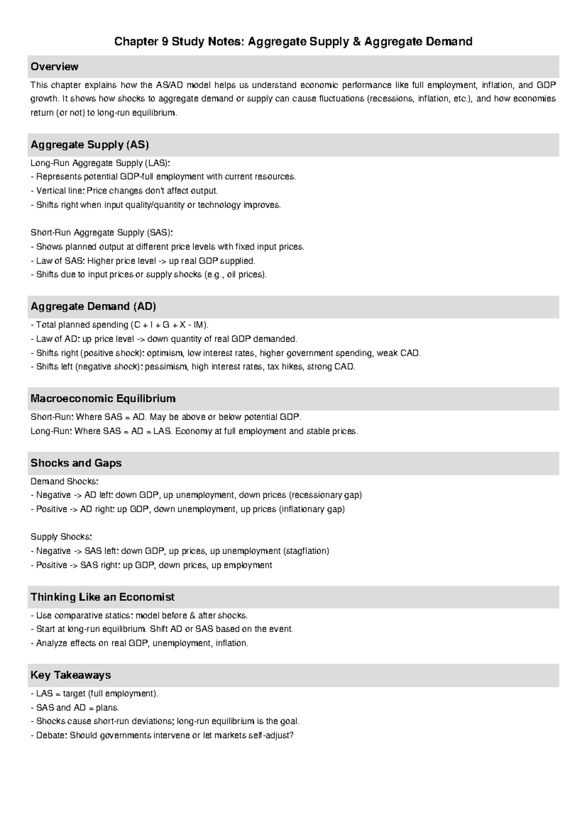 Chapter 9 Study Notes: Aggregate Supply & Demand Overview - Studocu