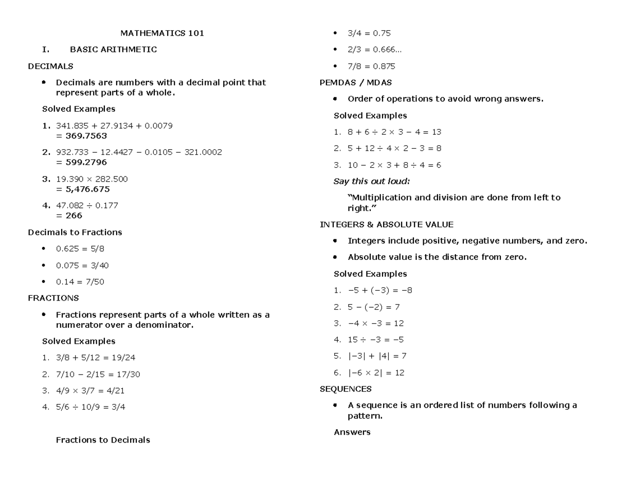 MATHEMATICS 101: BASIC ARITHMETIC & DECIMALS NOTES - Studocu