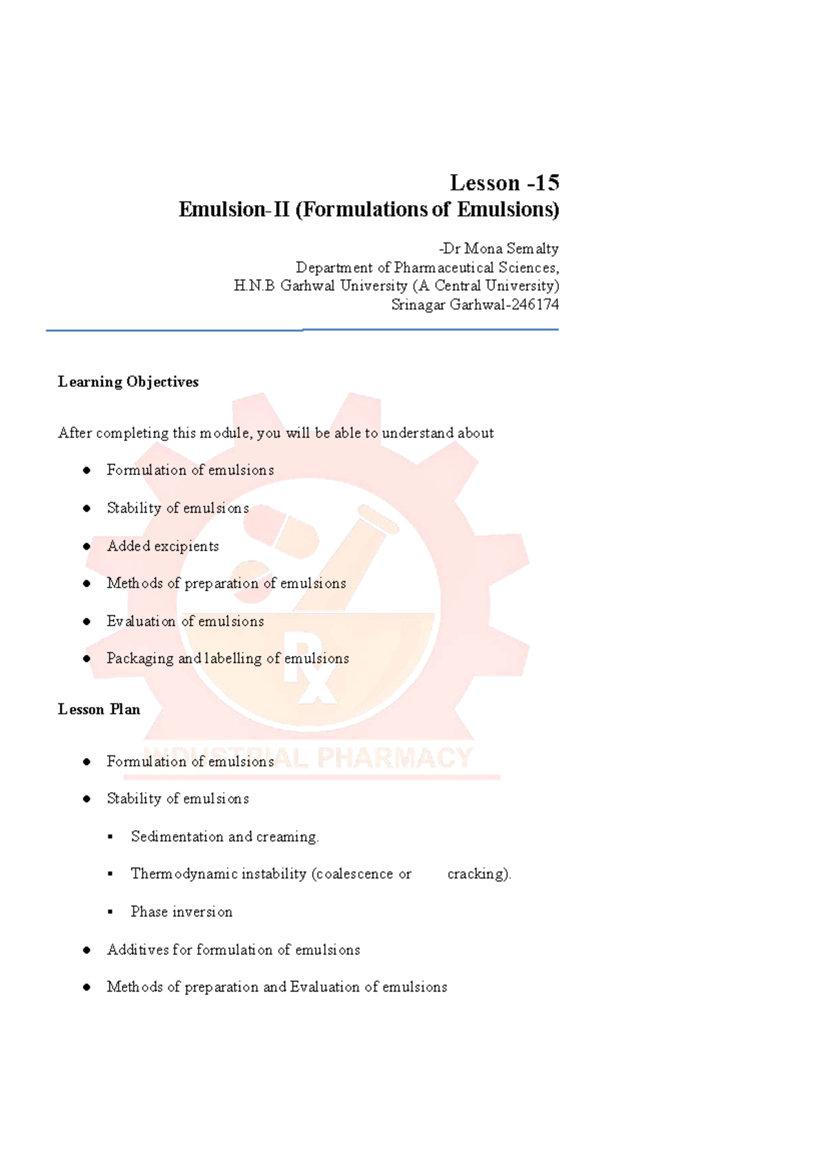 Lesson 15: Formulations of Emulsions - IP Course Notes - Studocu