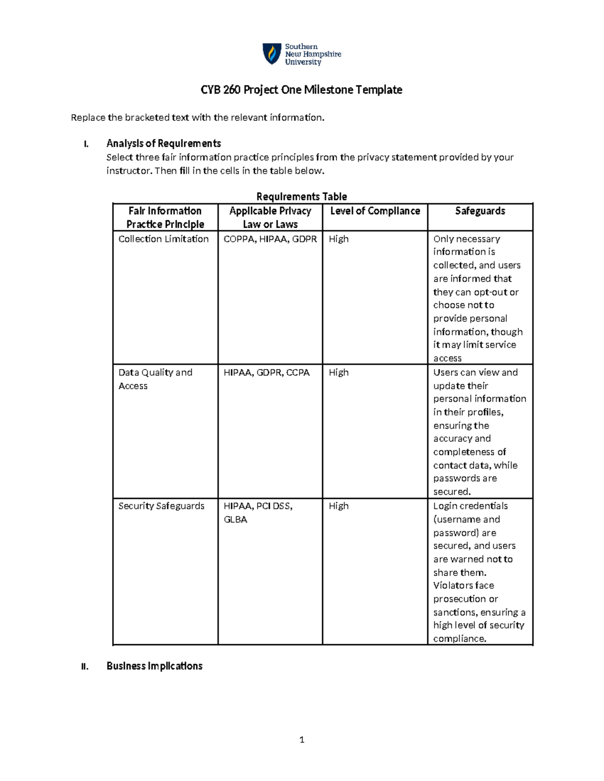 CYB 260 Project One Milestone: Fair Info Practices Analysis Template ...