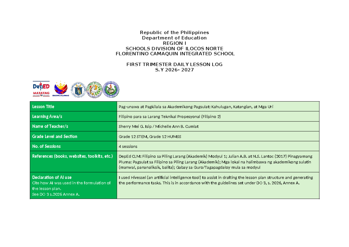 Filipino 2: Daily Lesson Log on Akademikong Pagsulat (1st Trimester ...