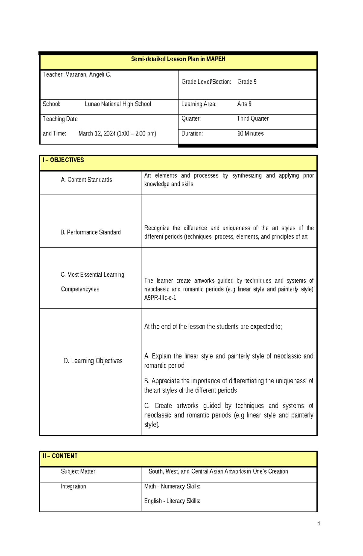 Arts 9 LP - lesson plan - Semi-detailed Lesson Plan in MAPEH Teacher ...