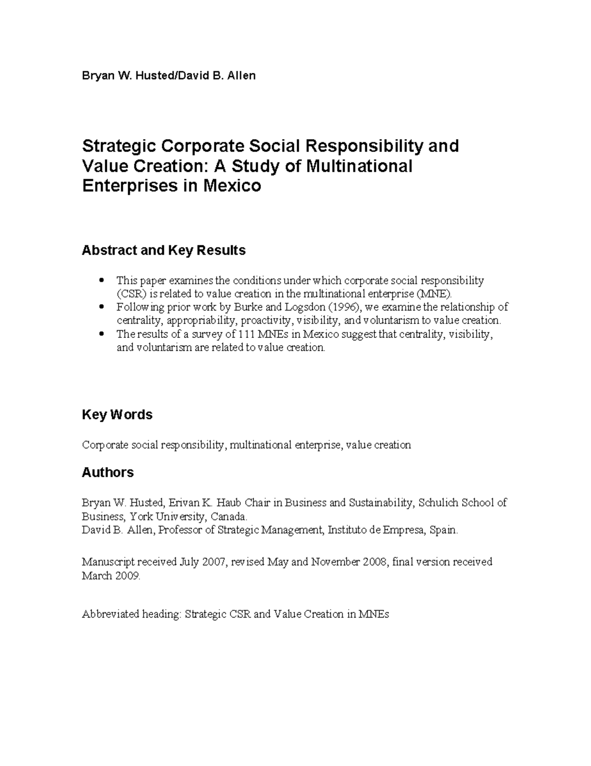 Strategic CSR and Value Creation in MNEs: Insights from Mexico (MIR 12 ...