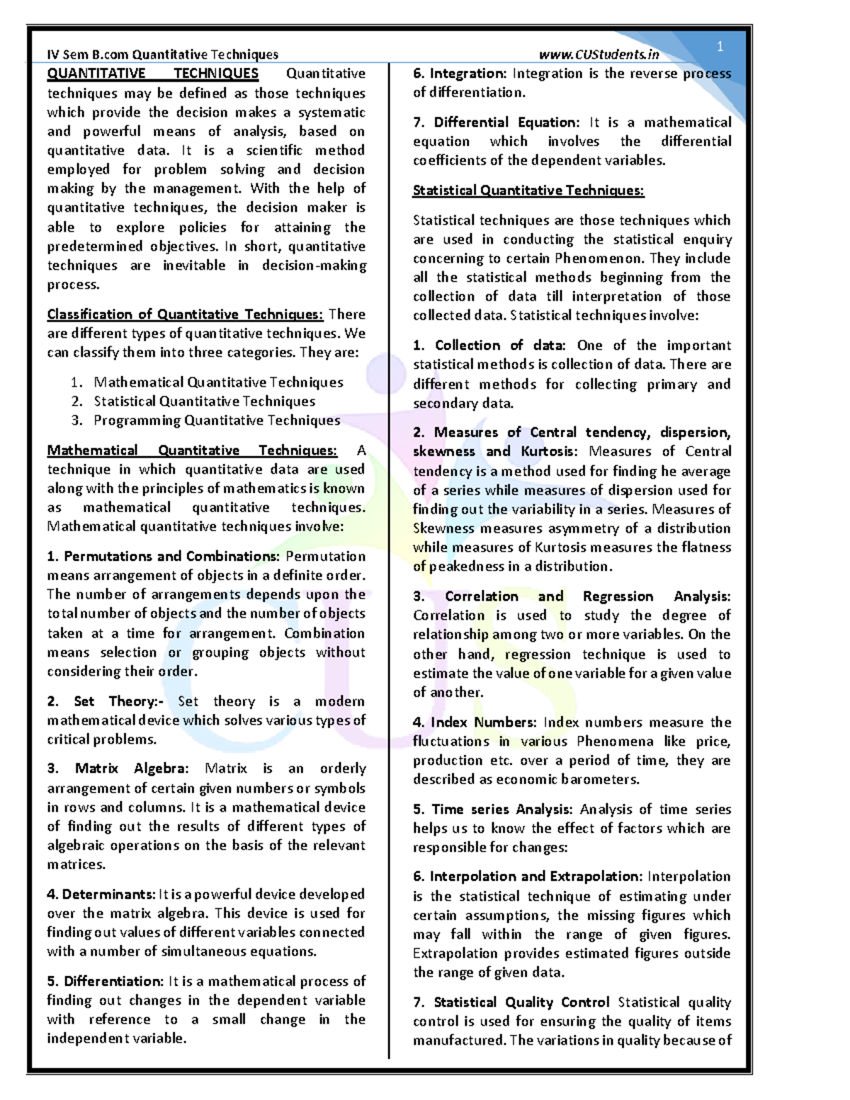 IV Sem B.Com - Comprehensive Guide to Quantitative Techniques - Studocu