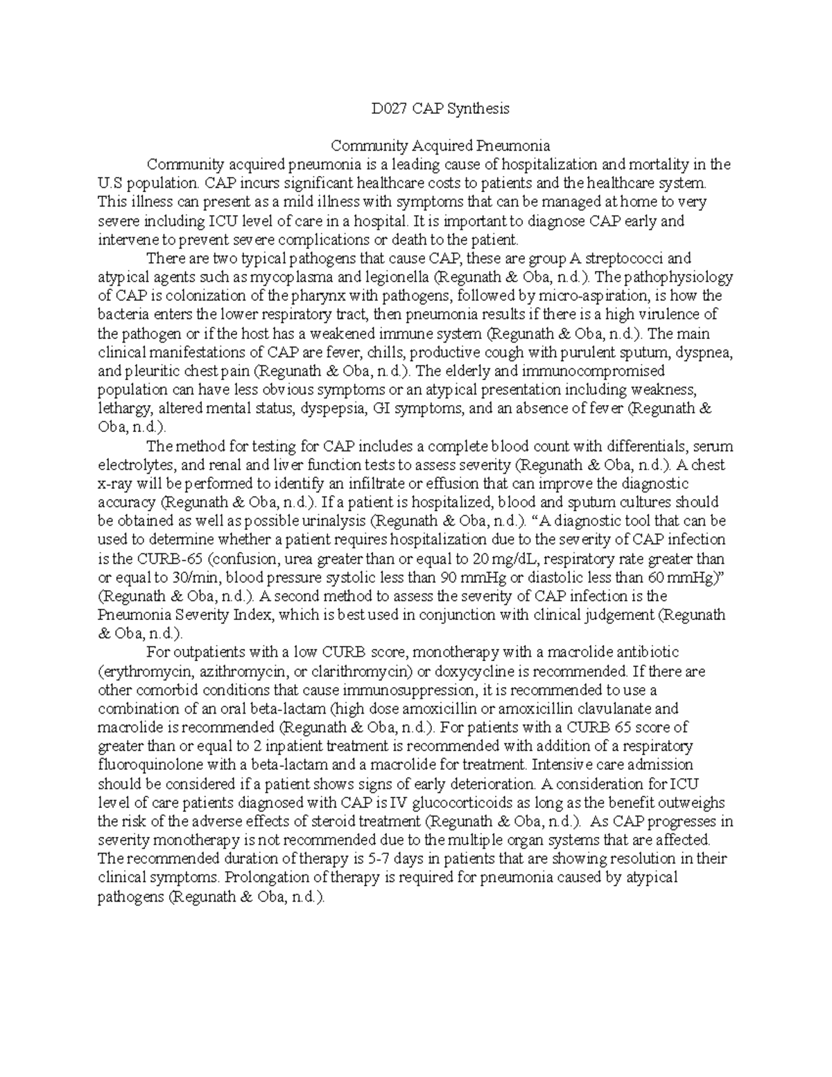 D027 CAP Synthesis: Understanding Community Acquired Pneumonia - Studocu
