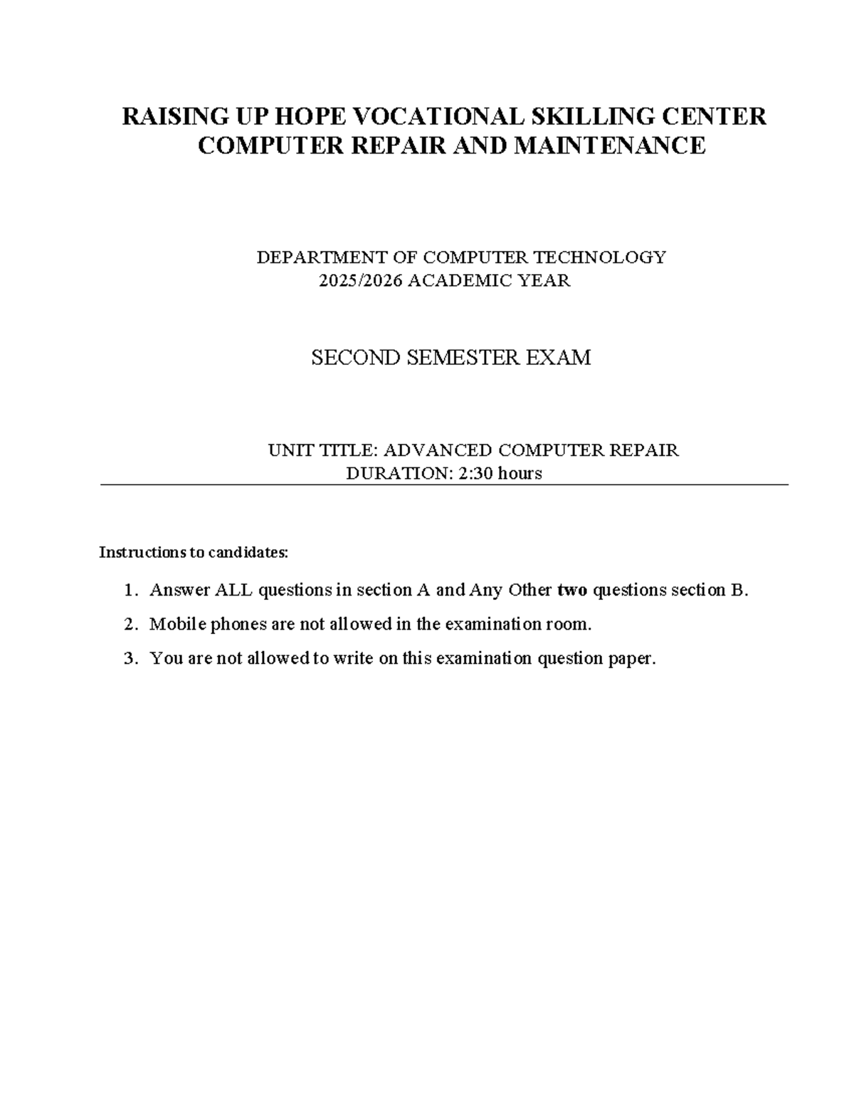 Advanced Computer Repair Exam - RAISING UP HOPE VSC 2023 - Studocu
