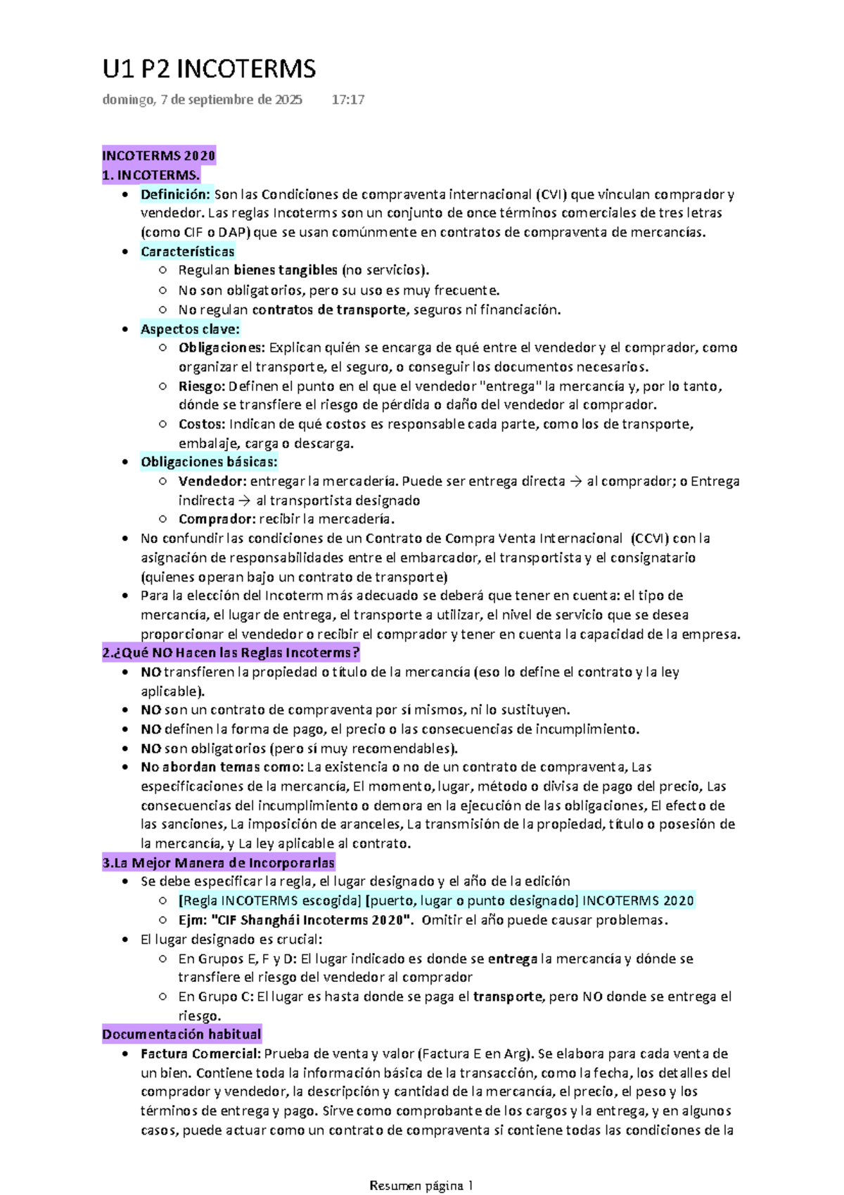 Apuntes de INCOTERMS 2020 - U1 P2 - Studocu