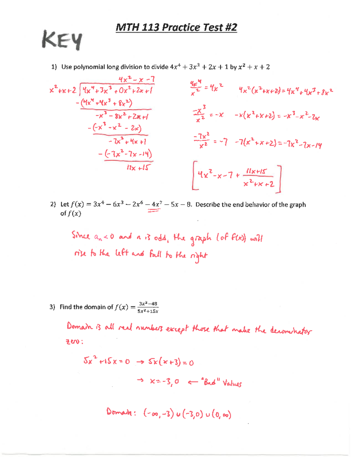 MTH 113 Practice Test #2 Key: Polynomial Division & Functions - Studocu