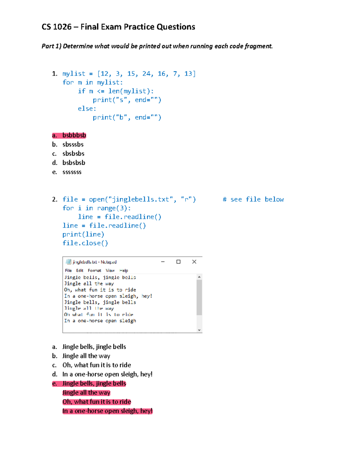 CS 1026 Final Exam Practice Questions: Code Fragments Analysis and ...