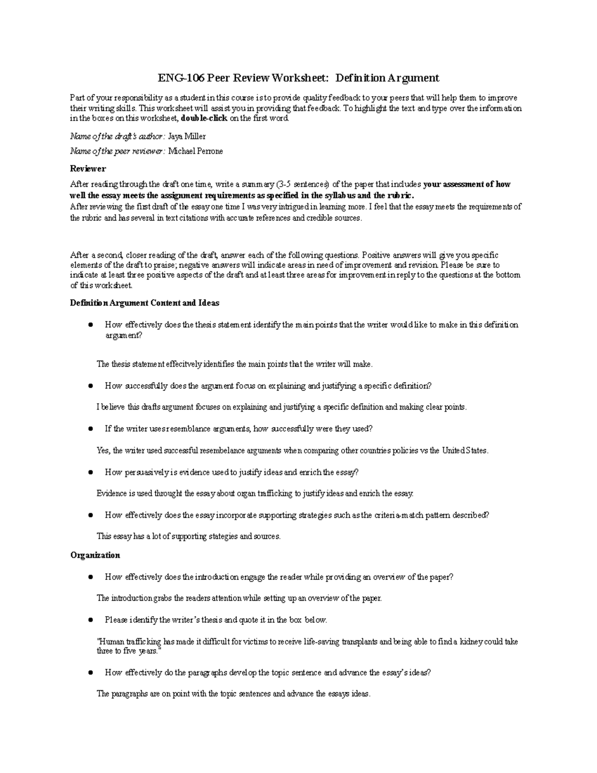 ENG-106 Peer Review Worksheet: Evaluating Definition Argument Draft ...