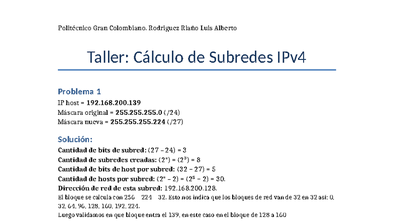 Taller: Cálculo de Subredes IPv4 - Politécnico Gran Colombiano - Studocu