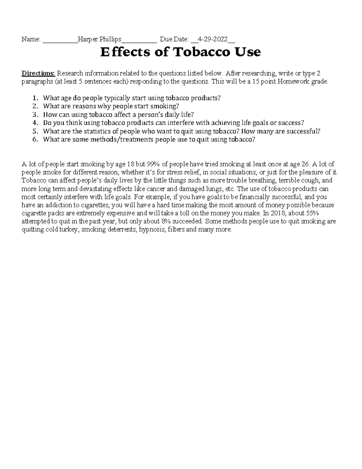 Interview Effects of Tobacco Use (Alternative) - Name: Harper Phillips ...