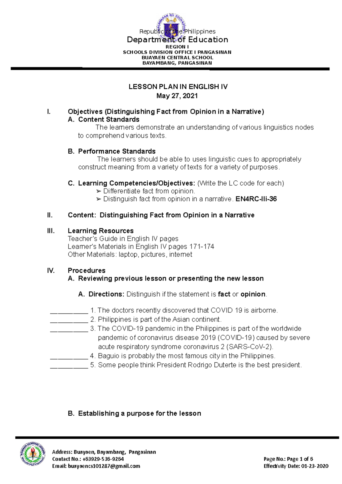 COT Lesson Plan: Distinguishing Fact from Opinion in English IV - Studocu