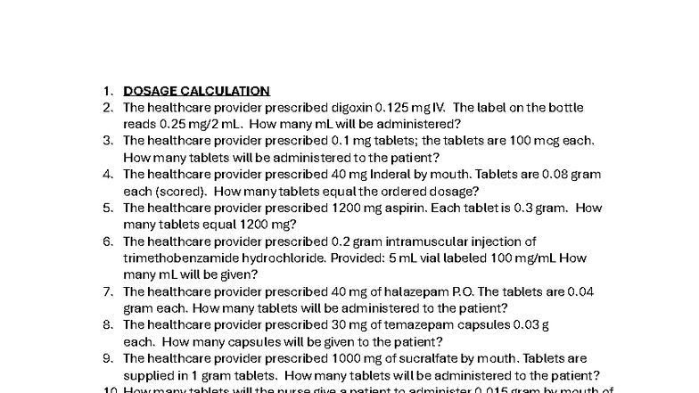 154 Drug Dosage Calculation Practice Problems with Answers - Studocu