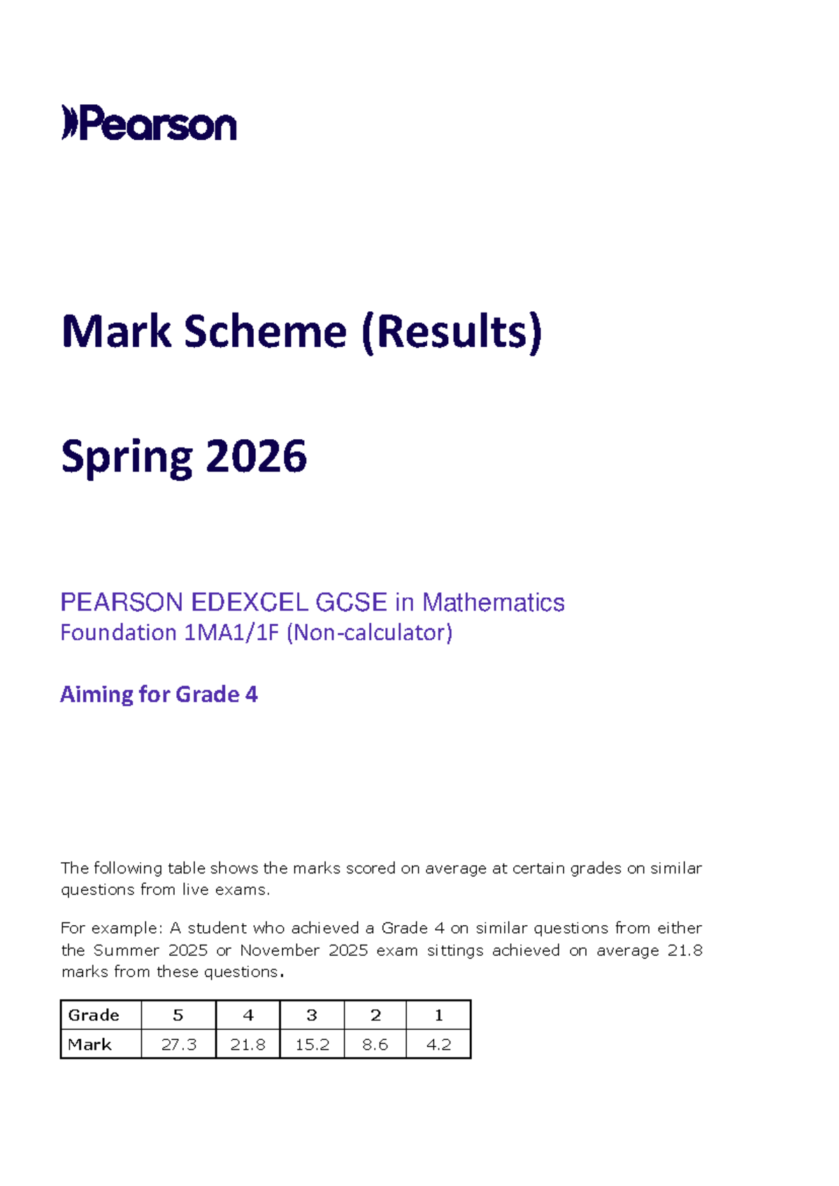 01c 1MA1 1F Spring 2026 GCSE Maths Mark Scheme for Grade 4 - Studocu