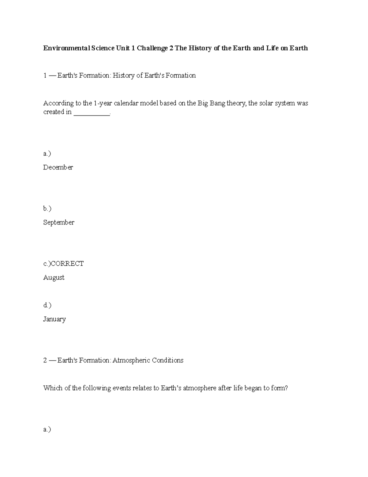 Environmental Science Unit 1 Challenge 2: Earth History & Life - Studocu
