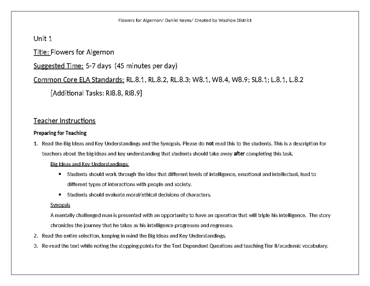 **Lesson Plan: Flowers for Algernon (Unit 1) - Anthology ELA Standards ...