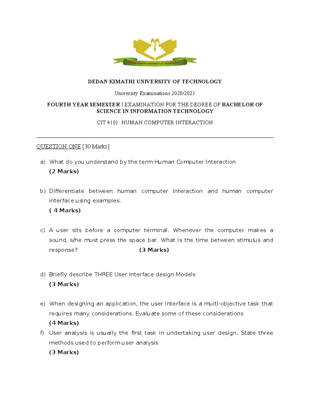 CIT 4101: HCI Fourth Year Exam Question Paper - Studocu
