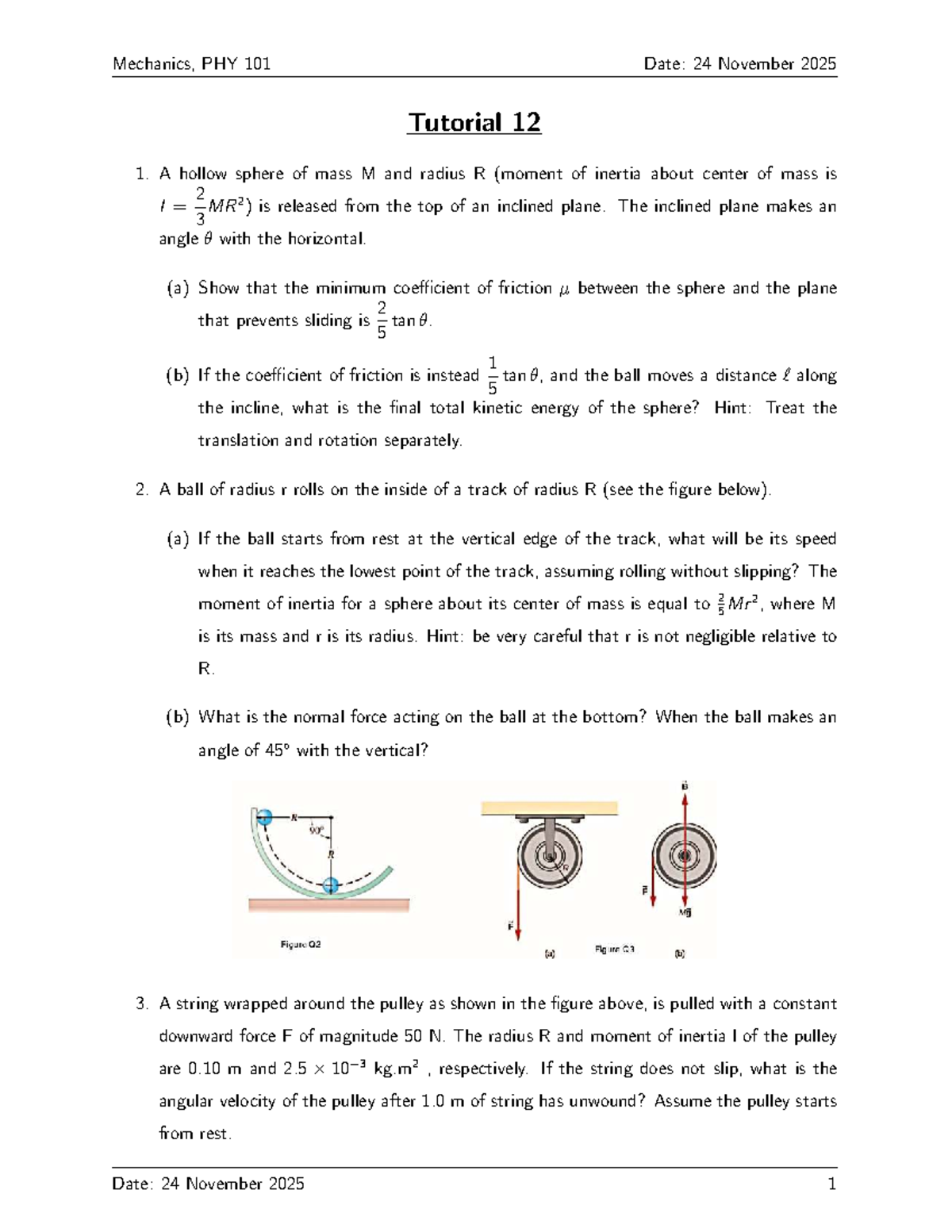 Tutorial 12 - Mechanics Questions, PHY 101 - Studocu