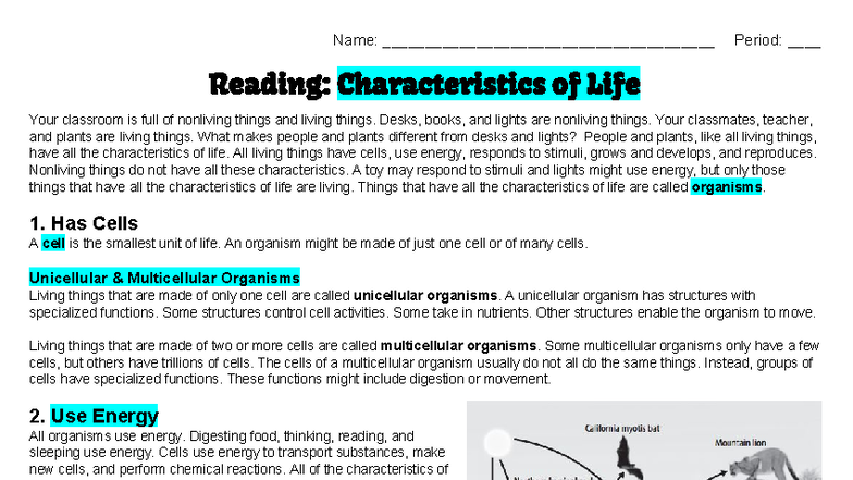 Characteristics of Life: Guided Notes for Science Class - Studocu
