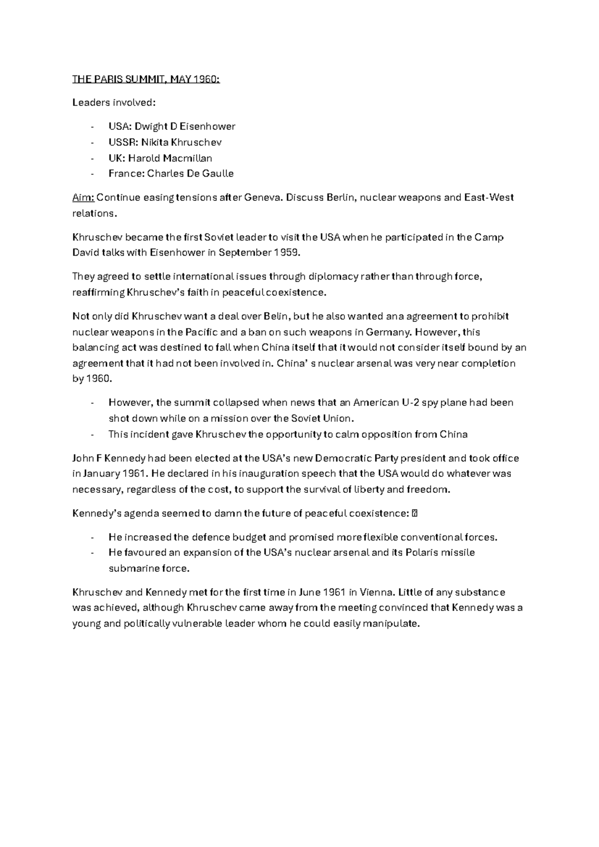 Paris Peace Summit Analysis: Leaders & Outcomes (1960) - Studocu