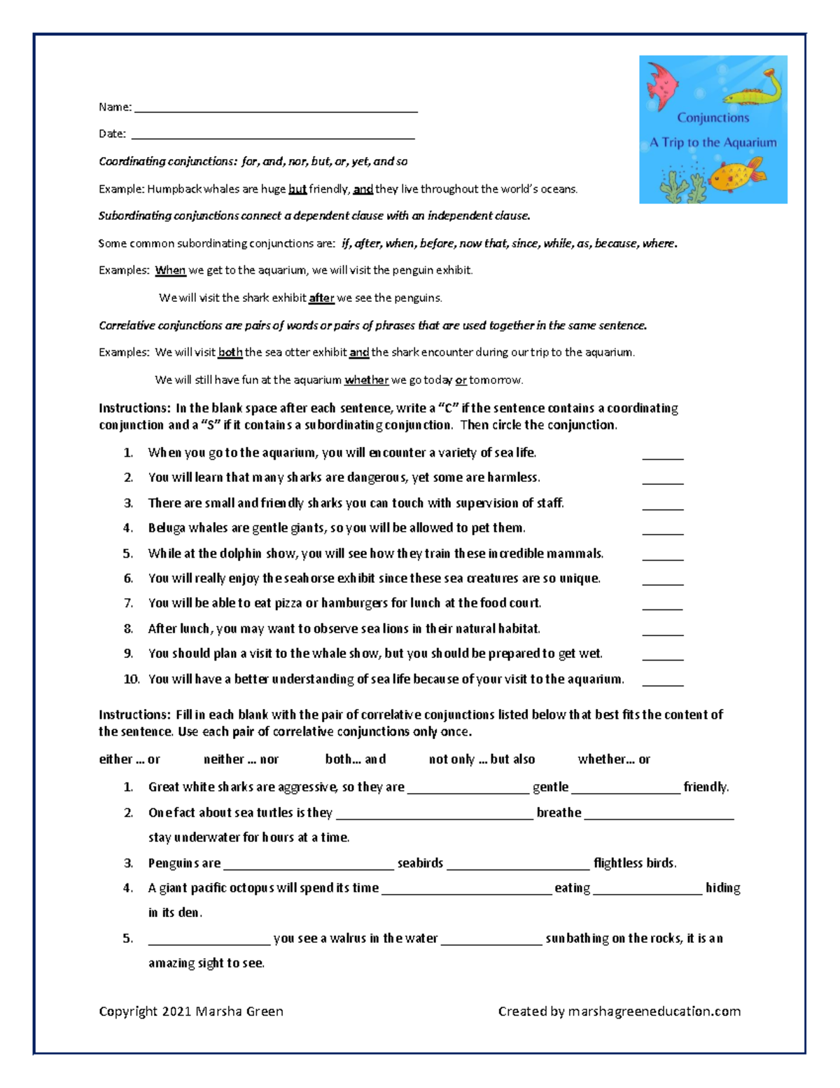 Trenton Williams - Conjunctions Practice - Copyright 2021 Marsha Green ...