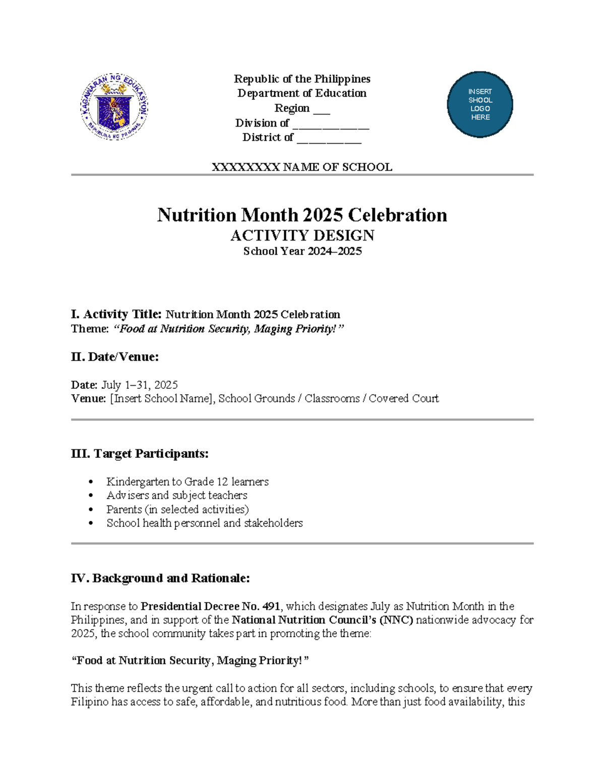 Activity Design: Nutrition Month 2025 Celebration - Studocu