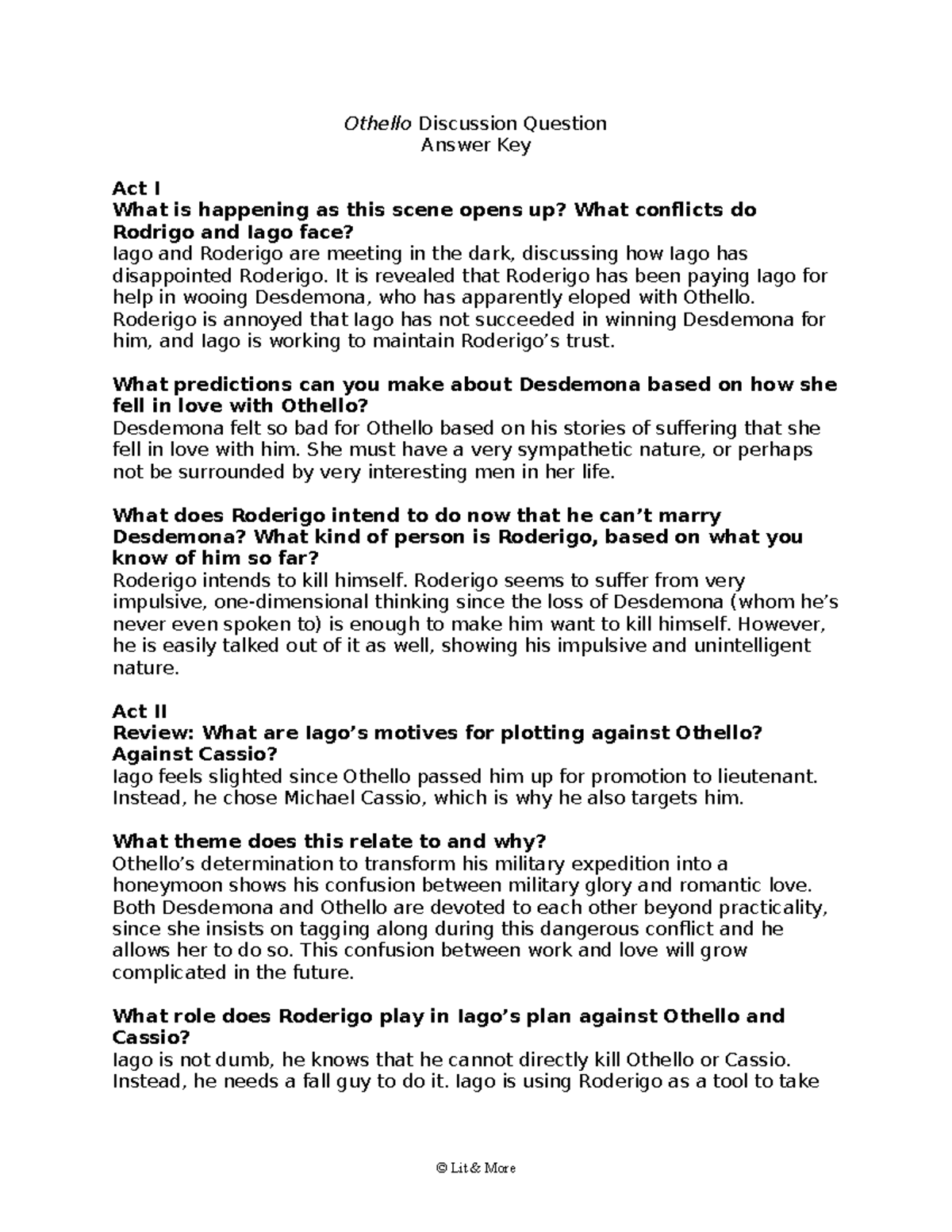 Othello Discussion Questions - Answer Key (ENG 210) - Studocu