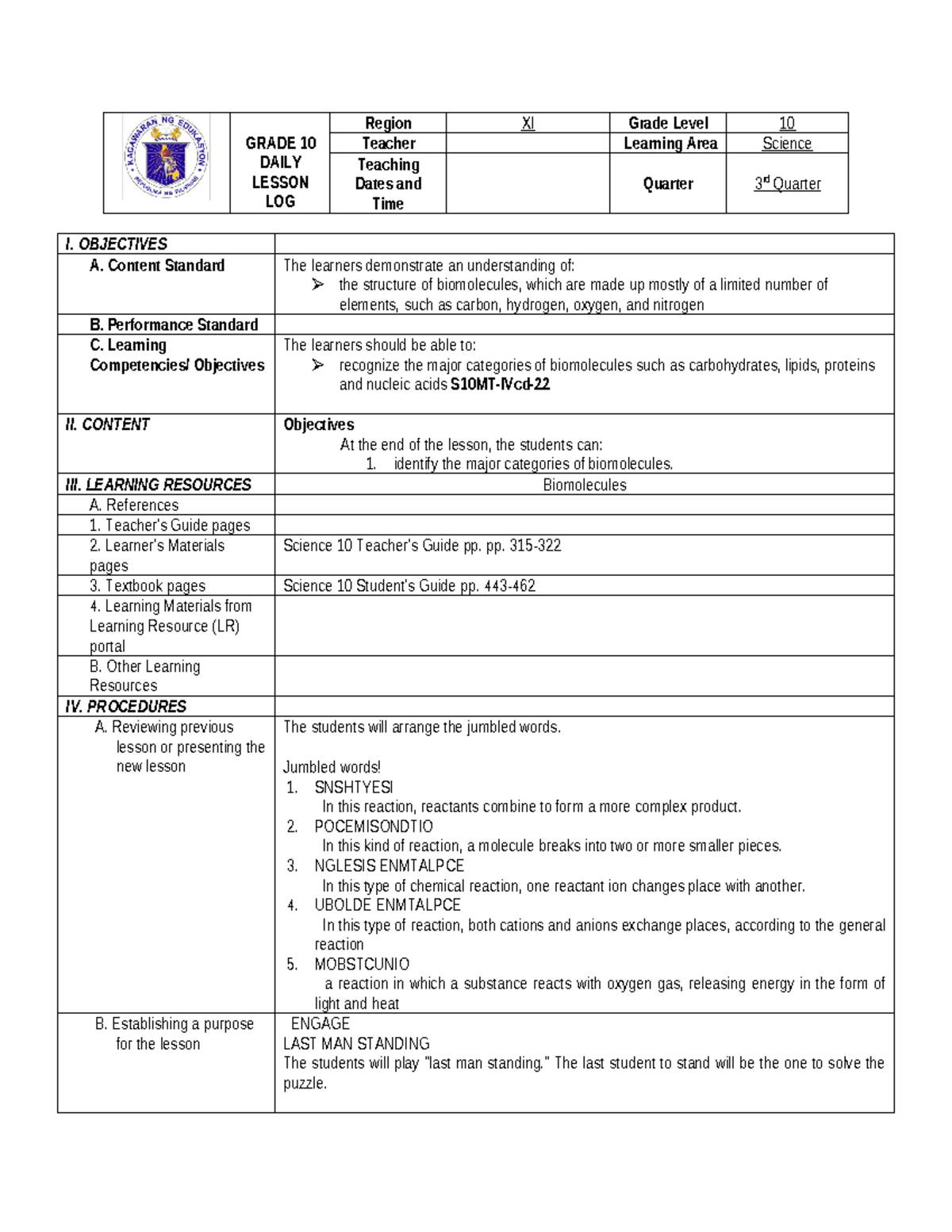 Biomolecules Lesson Plan for Grade 10 Science (3rd Quarter) - Studocu
