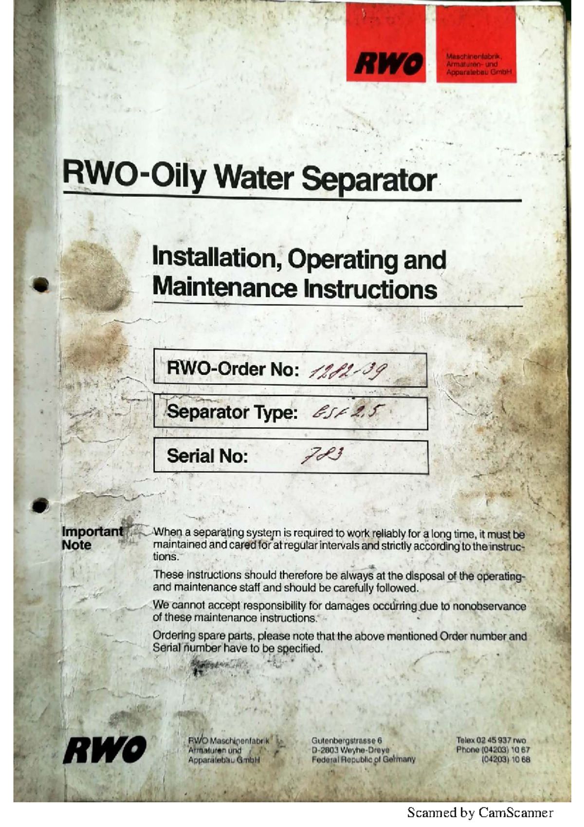 RWO GSF2.5 Oily Water Separator Installation & Maintenance Guide - Studocu