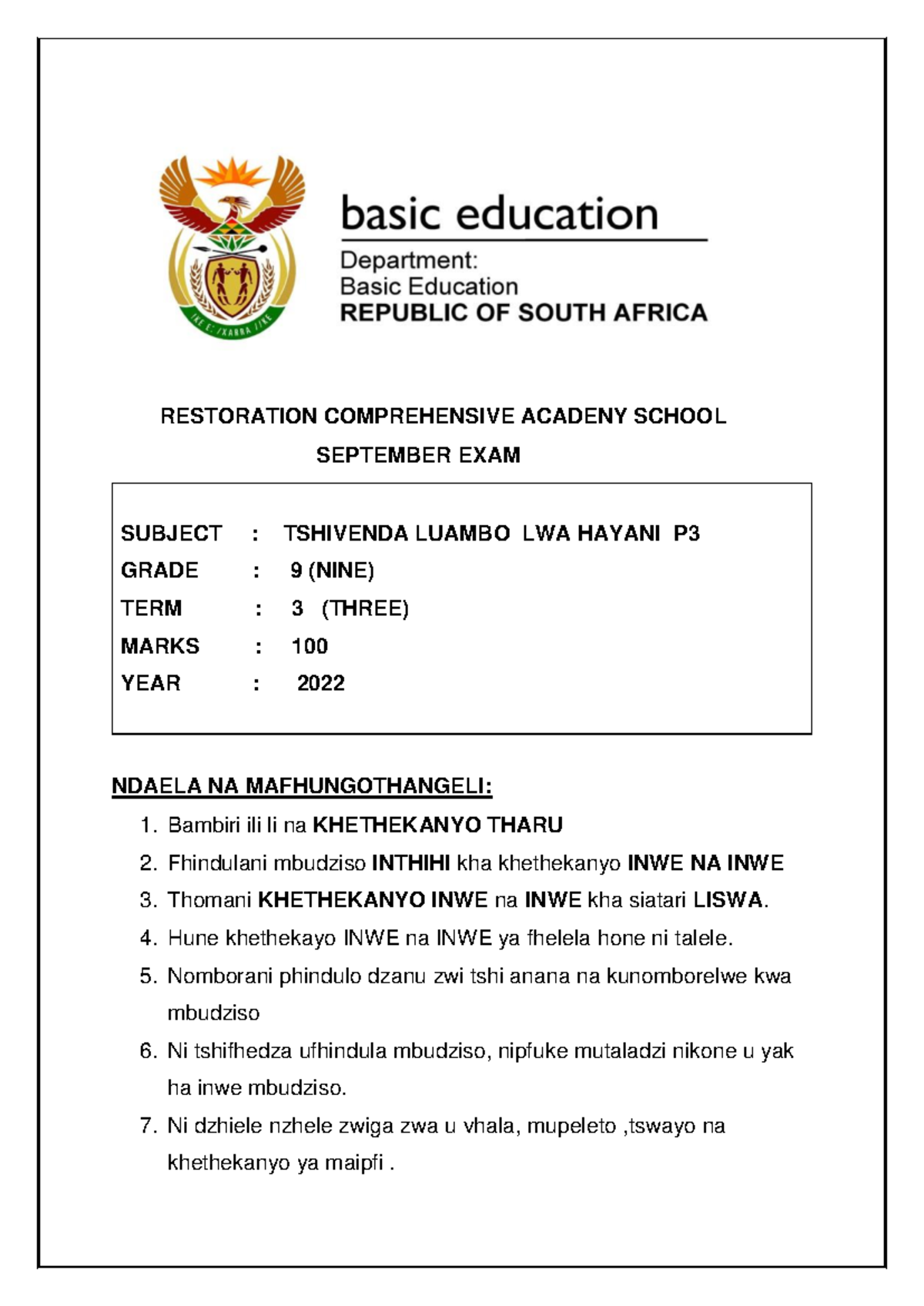 Tshivenda P3 - question paper for practice - RESTORATION COMPREHENSIVE ...