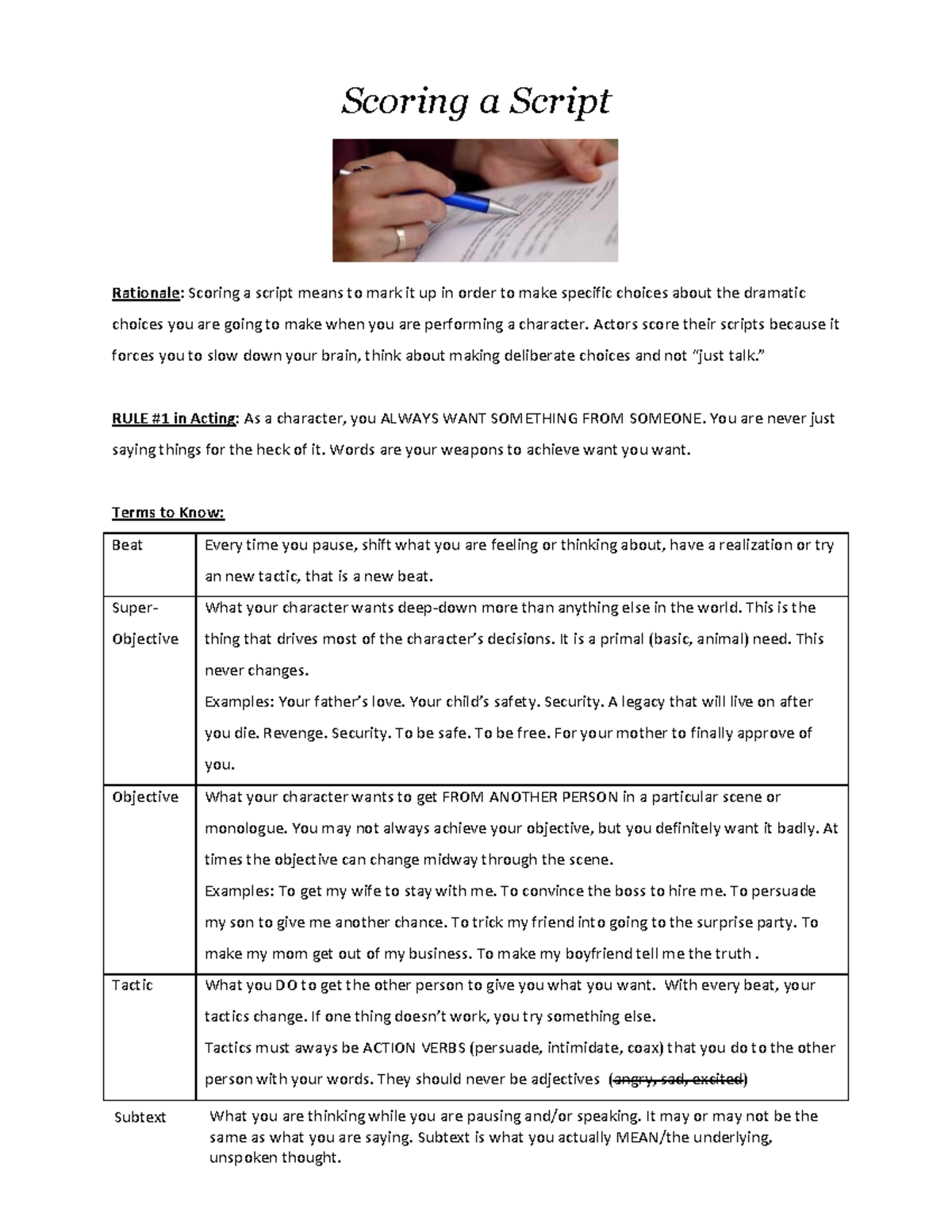 Scoring a Script: Understanding Character Objectives and Tactics - Studocu