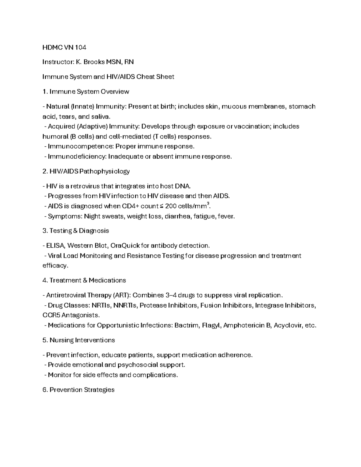 HDMC VN 104 Immune System & HIV/AIDS Overview Cheat Sheet - Studocu
