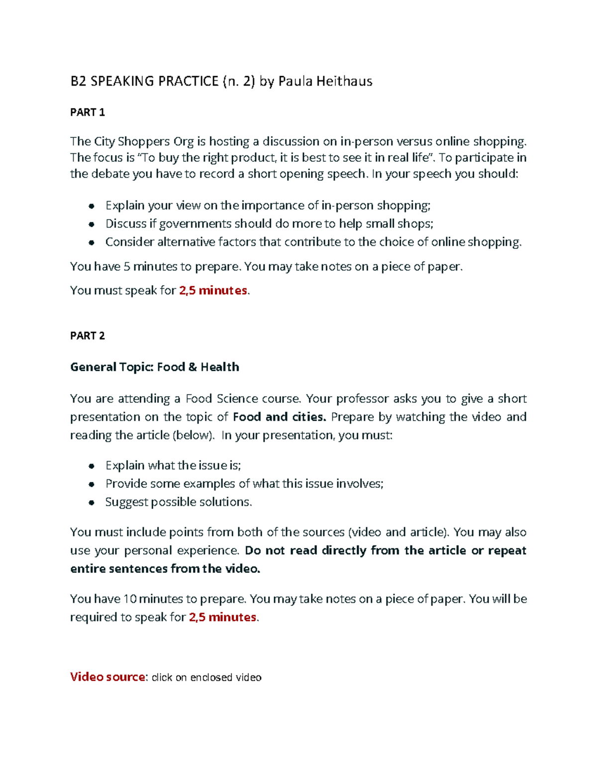 B2 SPEAKING PRACTICE (n. 2) - Discussion on Shopping & Food Issues - Studocu