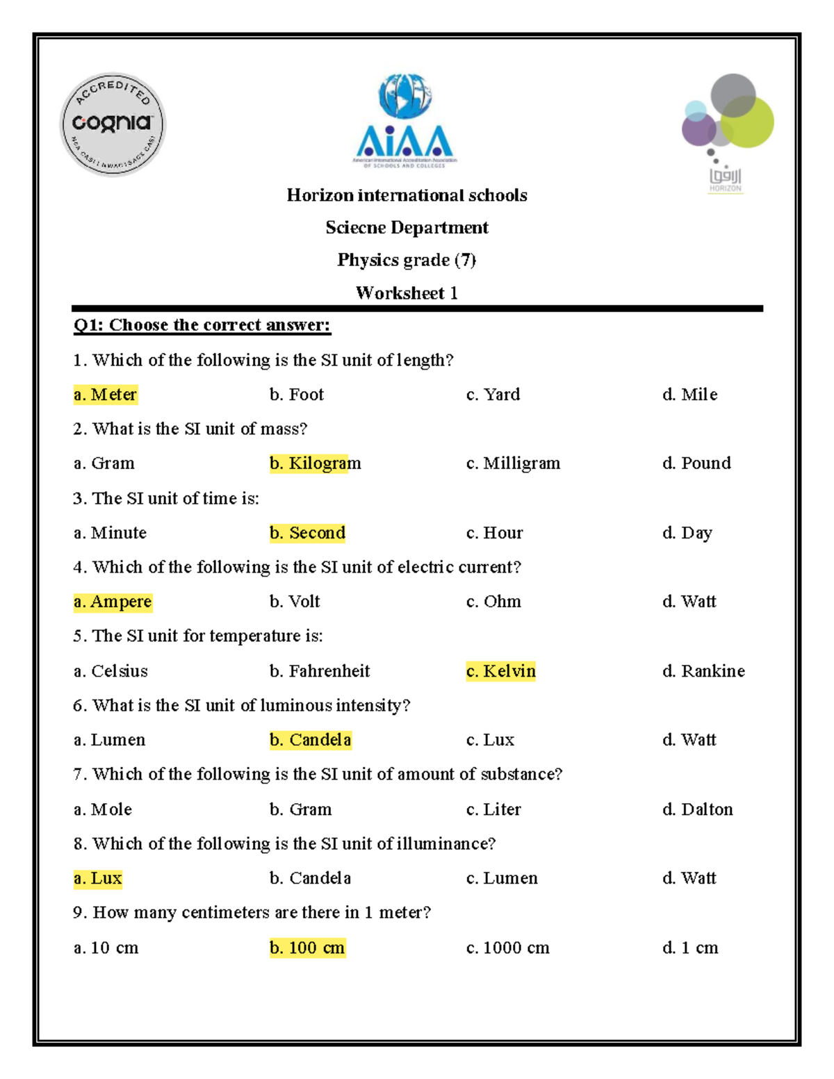 Physics Grade 7 Worksheet 1 - SI Units & Conversions - Studocu