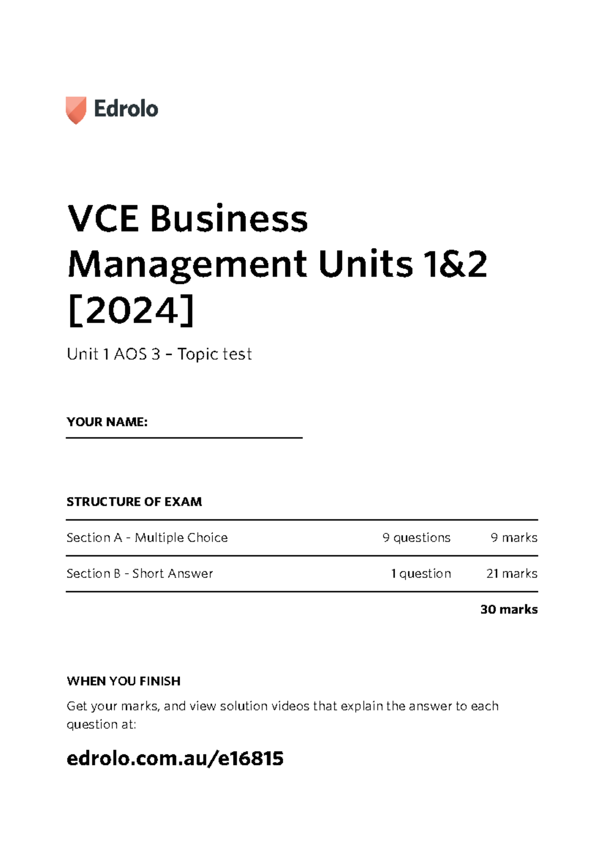 Edrolo – VCE Business Management Units 1&2 [2024] – Unit 1 AOS 3 Test ...