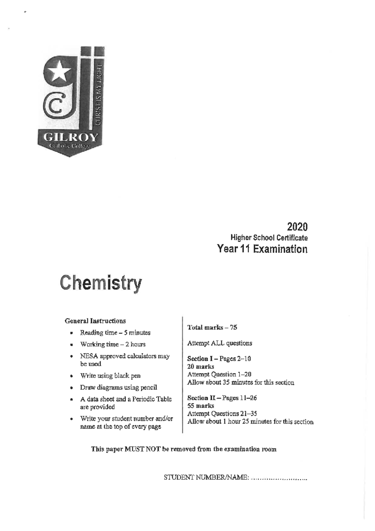 2020 HSC Year 11 Chemistry Exam Paper - General Instructions ...
