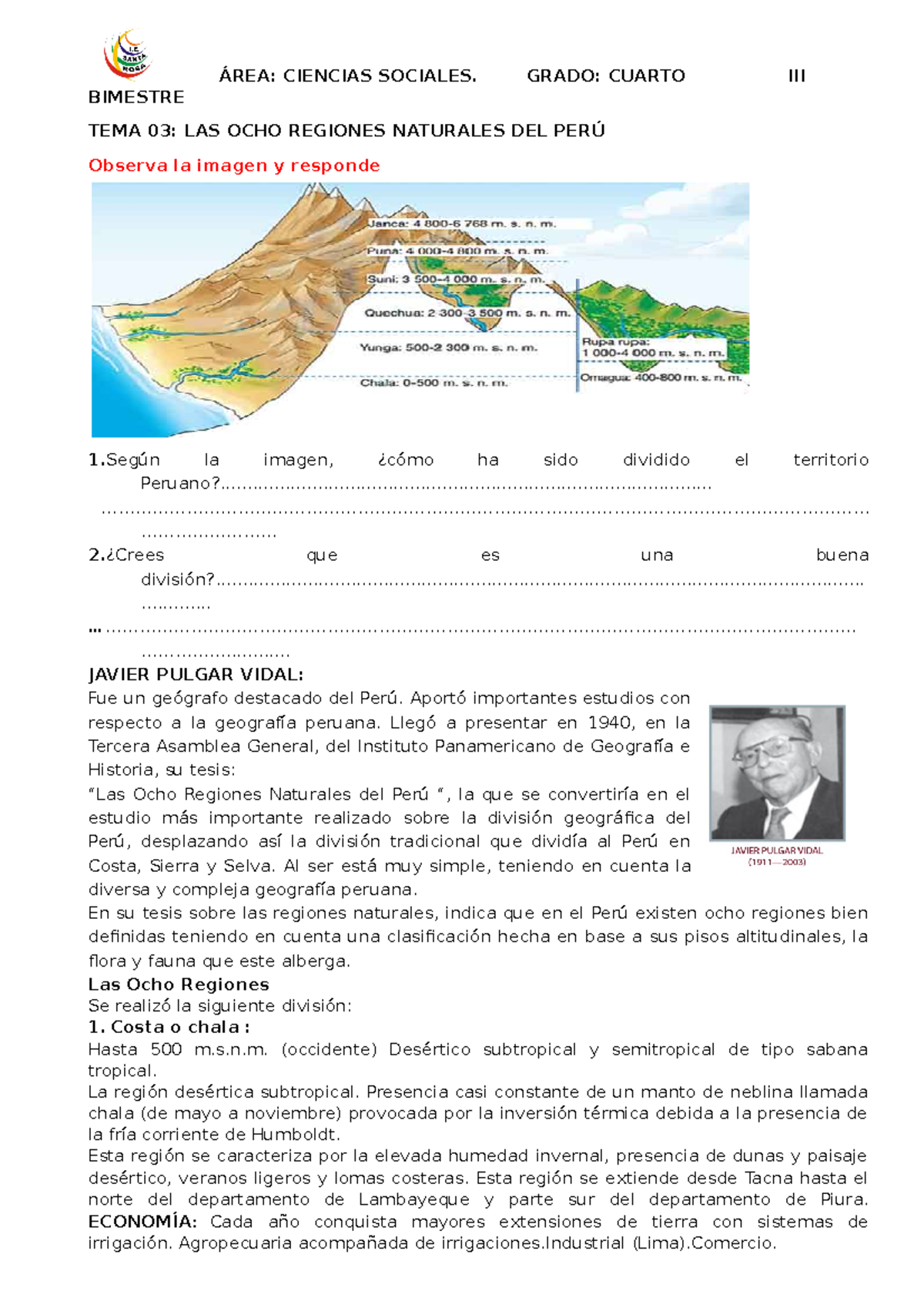 TEMA 03: LAS 8 REGIONES NATURALES DEL PERÚ - CIENCIAS SOCIALES 4TO ...