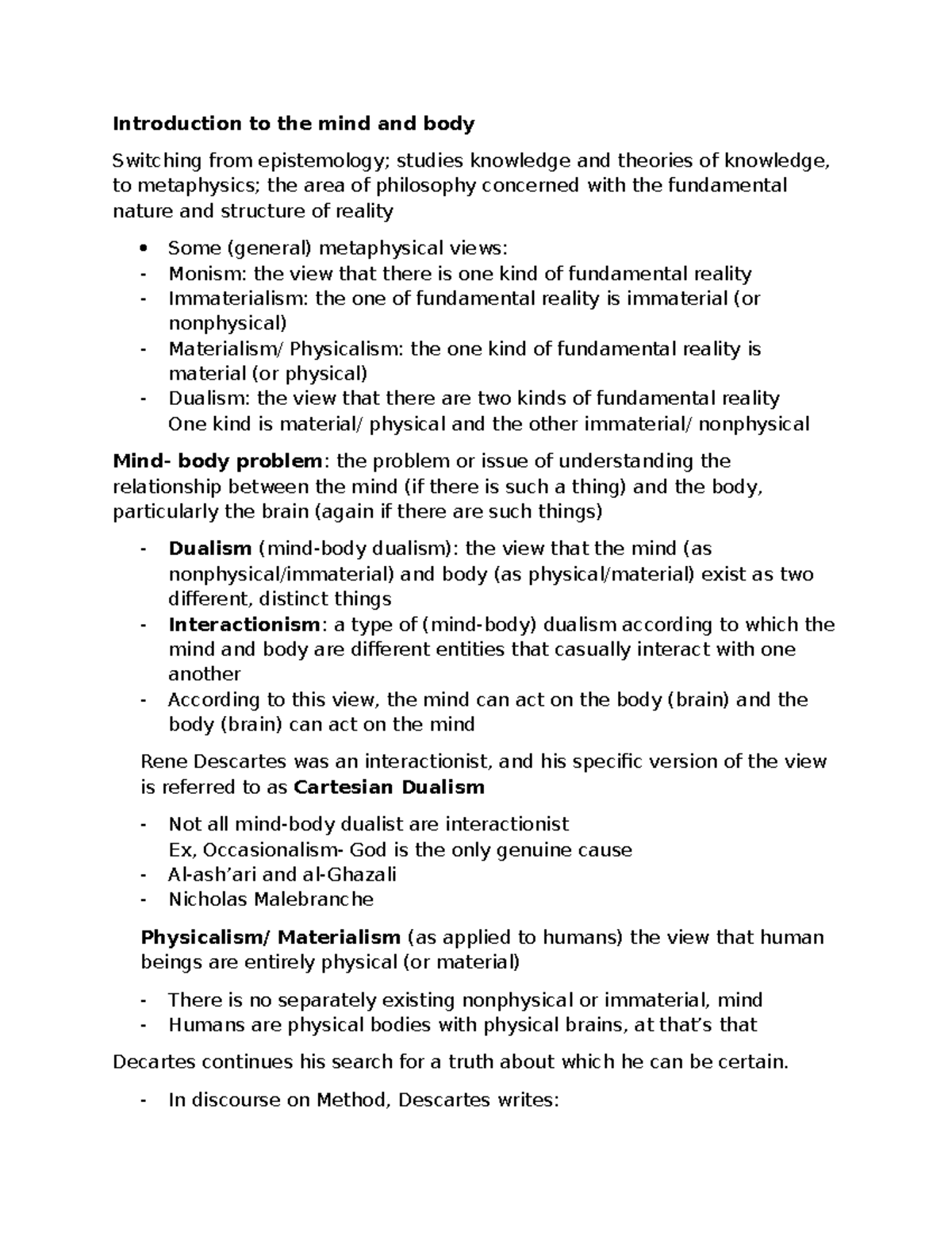 Descartes' Dualism: Analyzing Mind-Body Interaction and Substance - Studocu