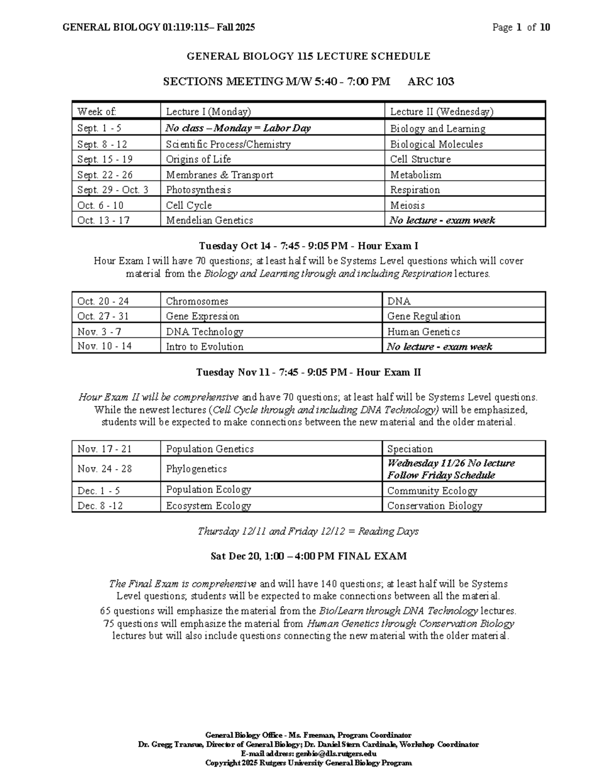 GENERAL BIOLOGY 115 LECTURE SCHEDULE - FALL 2025 - Studocu