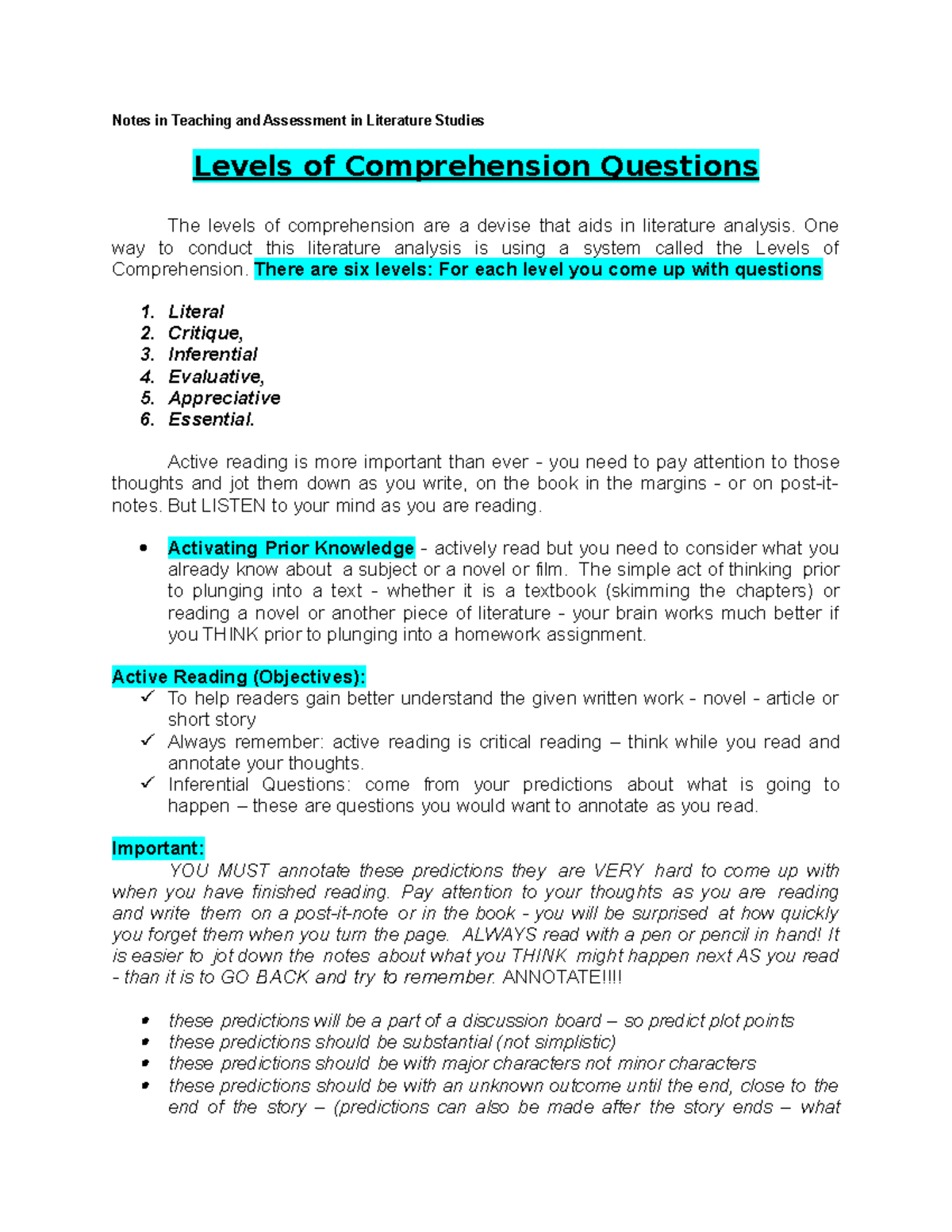 Levels of Comprehension Questions - Notes in Teaching and Assessment in ...